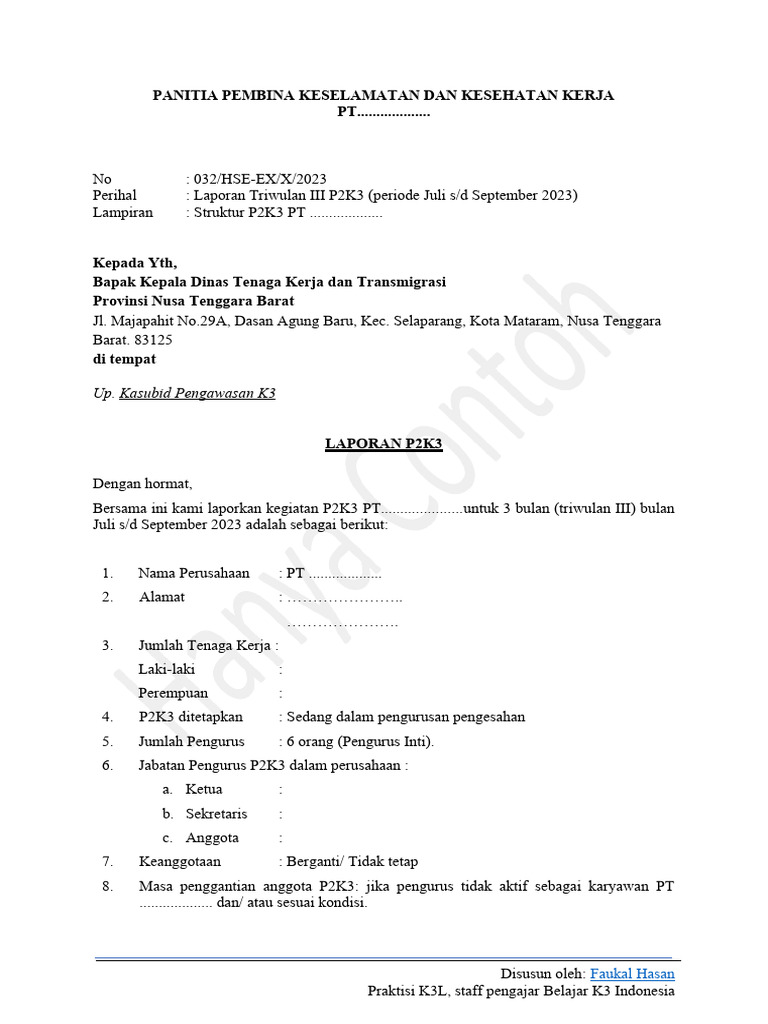 Contoh Laporan Triwulan P2K3 | PDF