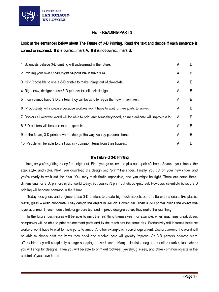 PET Reading Part 3 - ENGLISH-III-2-2 | PDF | 3 D Printing | Printer ...