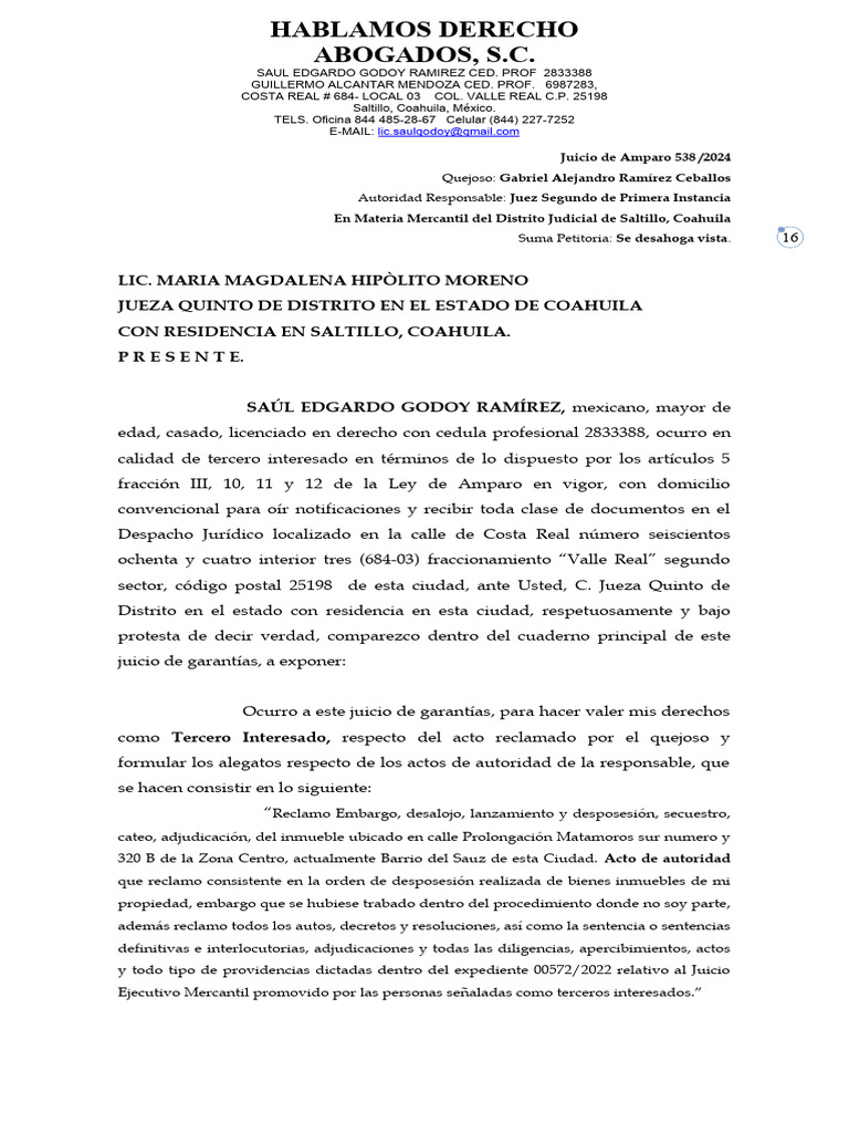 Desahogo Vista Amparo Hermanos Lopez 538 2024 Juzgado 5o Dto | PDF ...