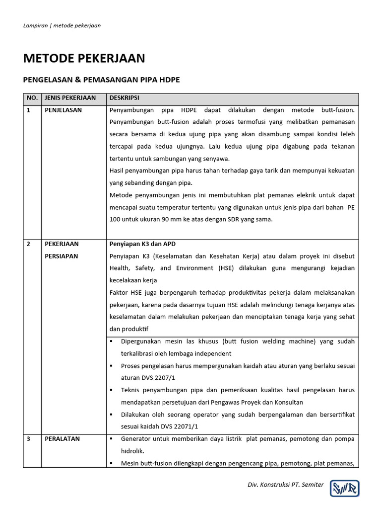 Metode Pekerjaan - Pengelasan & Pemasangan Pipa Hdpe Rev01 | PDF