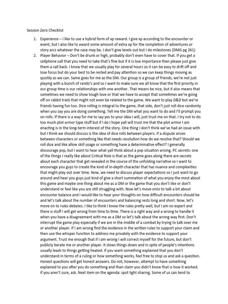 Session Zero Checklist | PDF | Thought