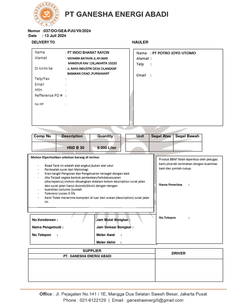 Do Atau Surat Jalan Solar Ke Suplier 37 PT POTRO - 240716 - 104608 | PDF
