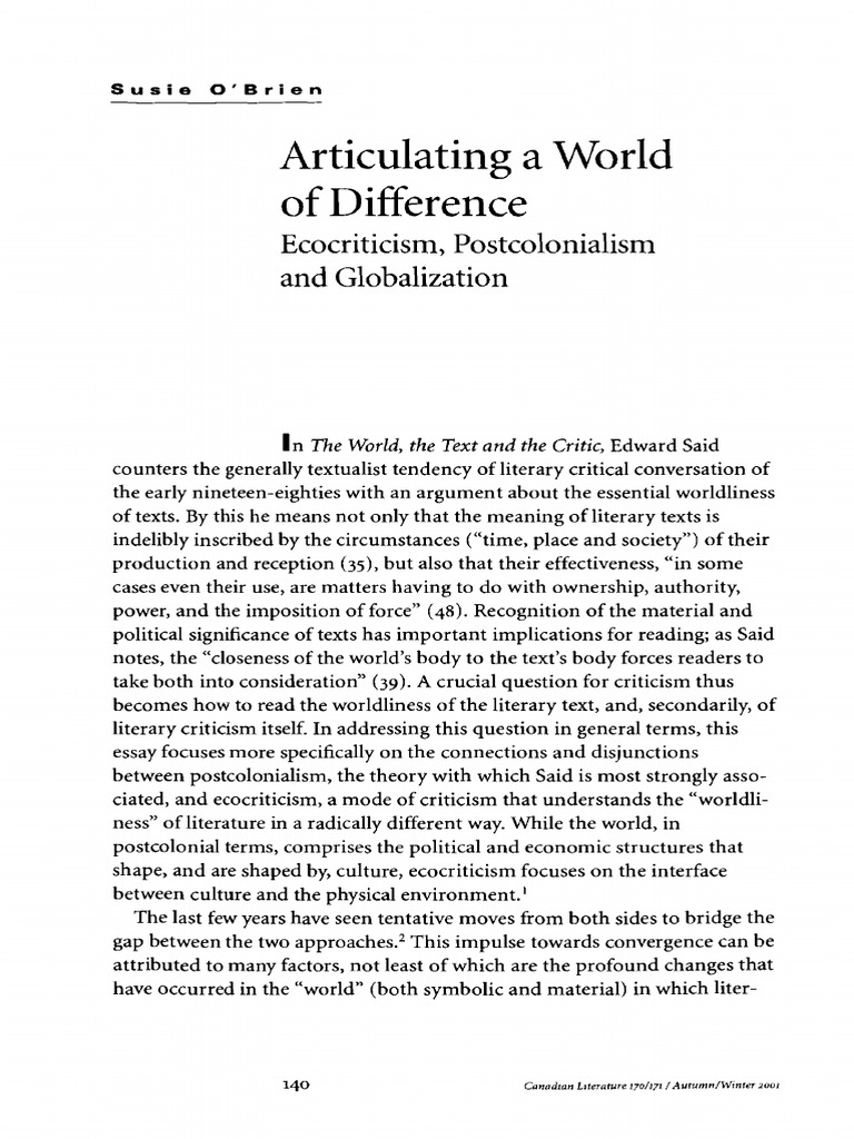 Ecocriticism, Postcolonialism and Globalization | PDF | Ecocriticism | Postcolonialism