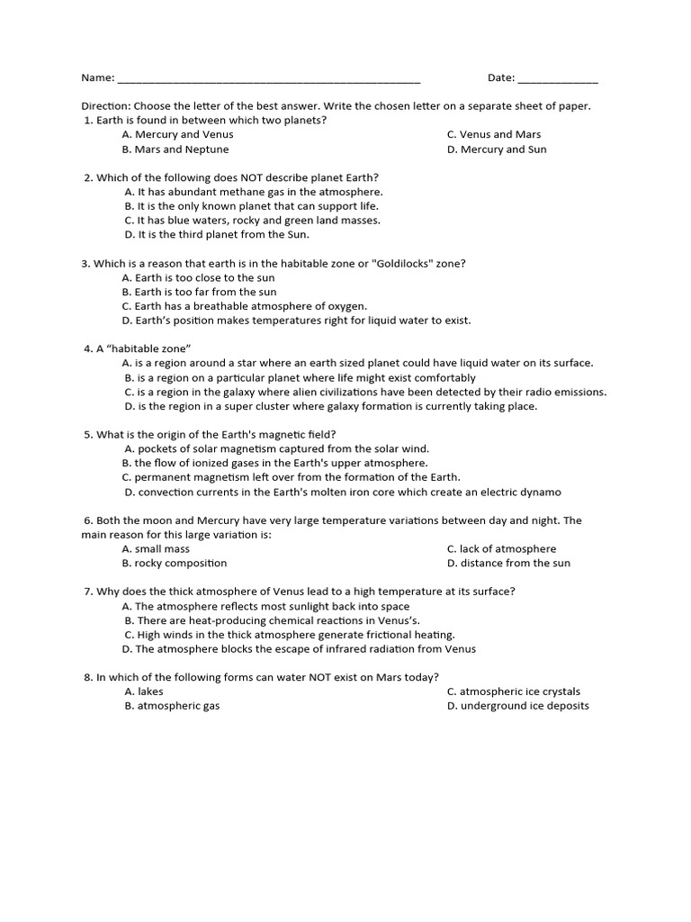 Earth Science Quiz: Habitable Zone & Features | PDF | Atmosphere | Earth