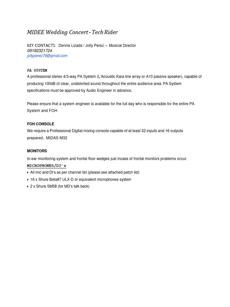 MIDEE-WEDDING Concert Tech Rider | PDF | Sound Recording | Sound Technology