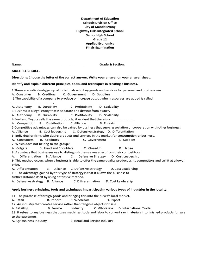 APPLIED ECO FINALS EXAM 2024 Ver 2 | PDF | Business | Retail