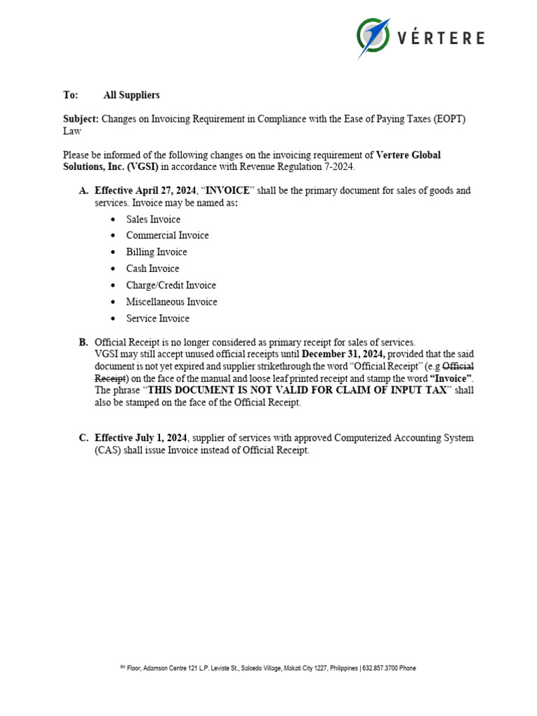 Letter To Suppliers - Ease of Paying Taxes (EOPT) Law - Signed | PDF ...