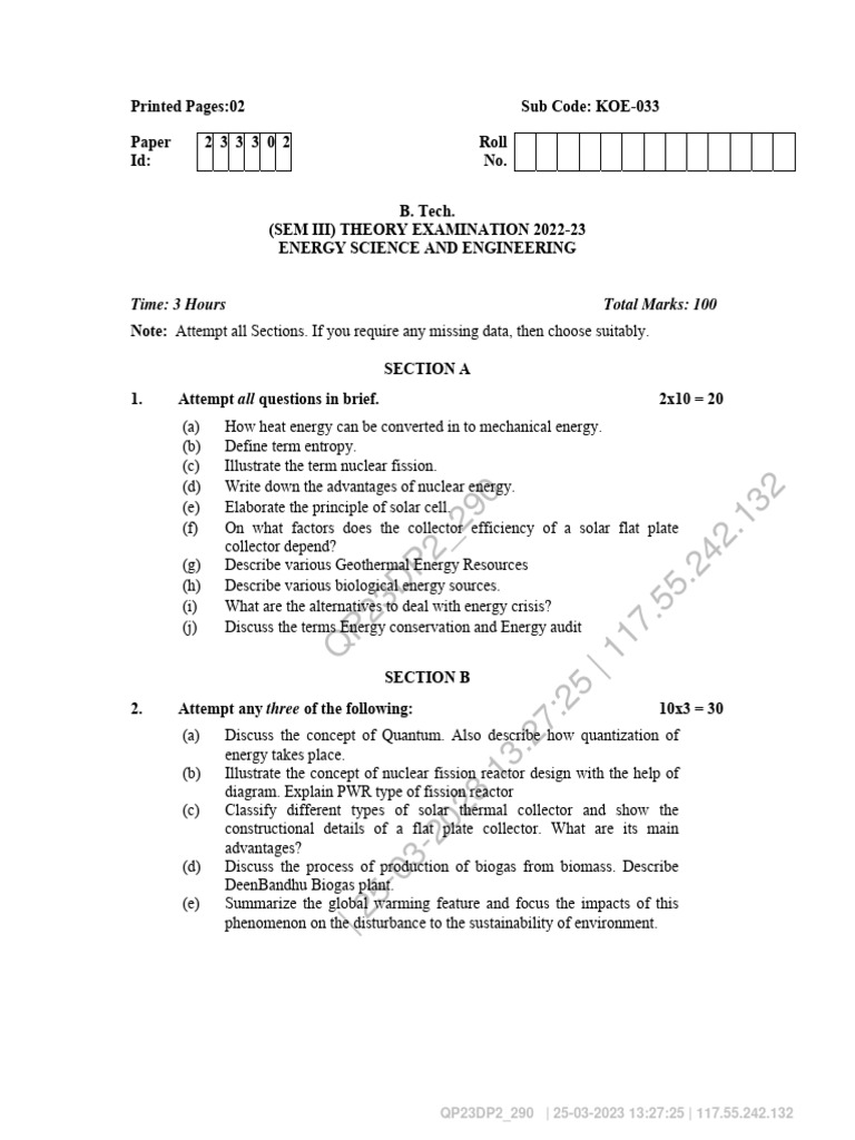 Btech Oe 3 Sem Energy Science and Engineering Koe 033 2023 | PDF | Energy Development | Nuclear ...