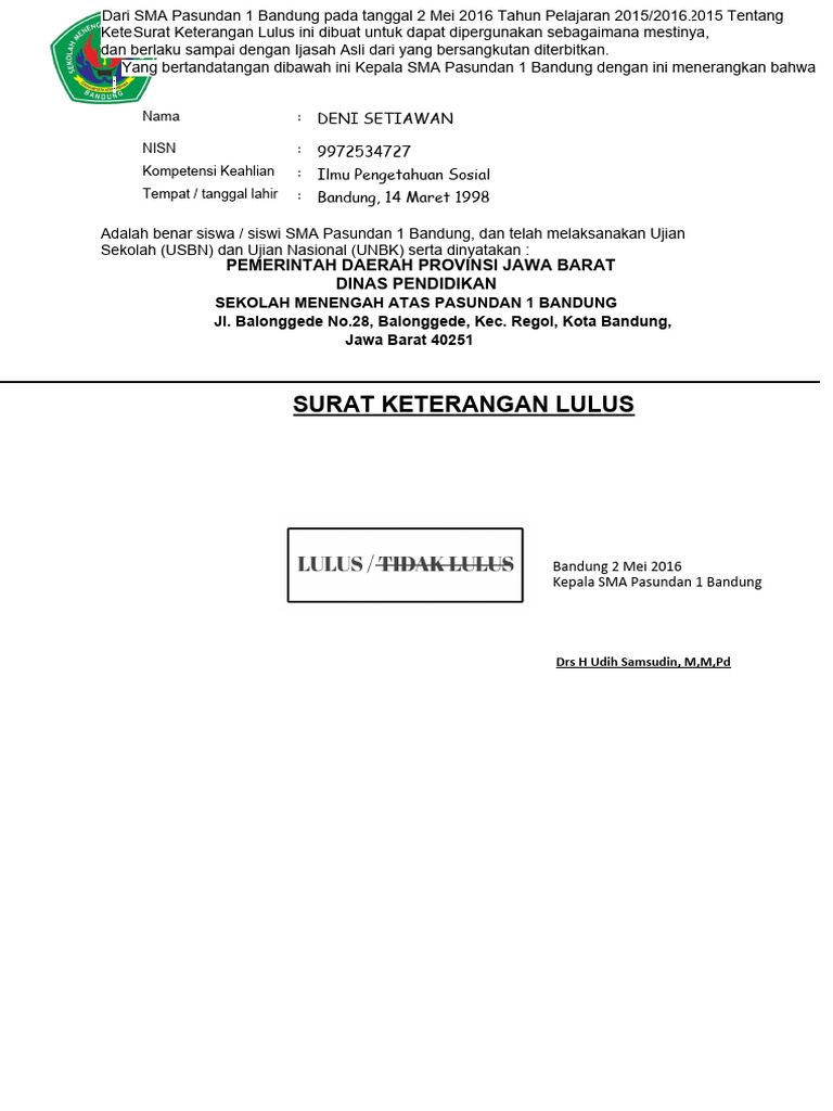 Surat Keterangan Lulus SMA Pasundan 1 | PDF