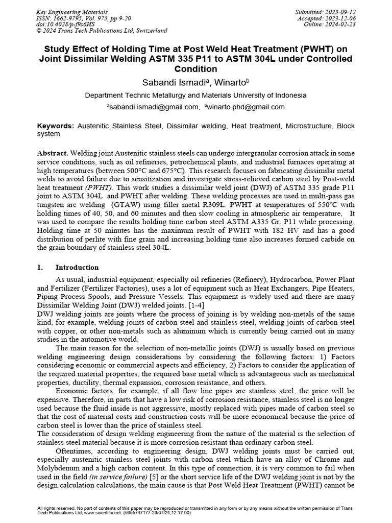 Study Effect of Holding Time at Post Weld Heat Treatment (PWHT) On Joint Dissimilar Welding ASTM ...
