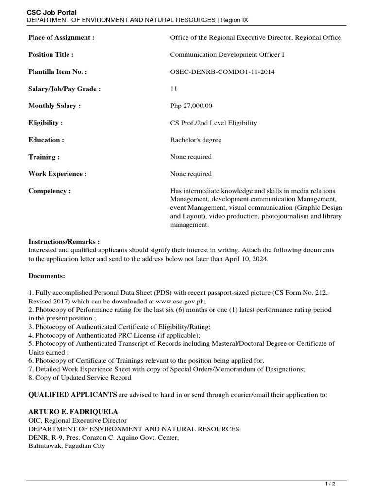 DENR Region IX Job Opening: Comm. Officer | PDF