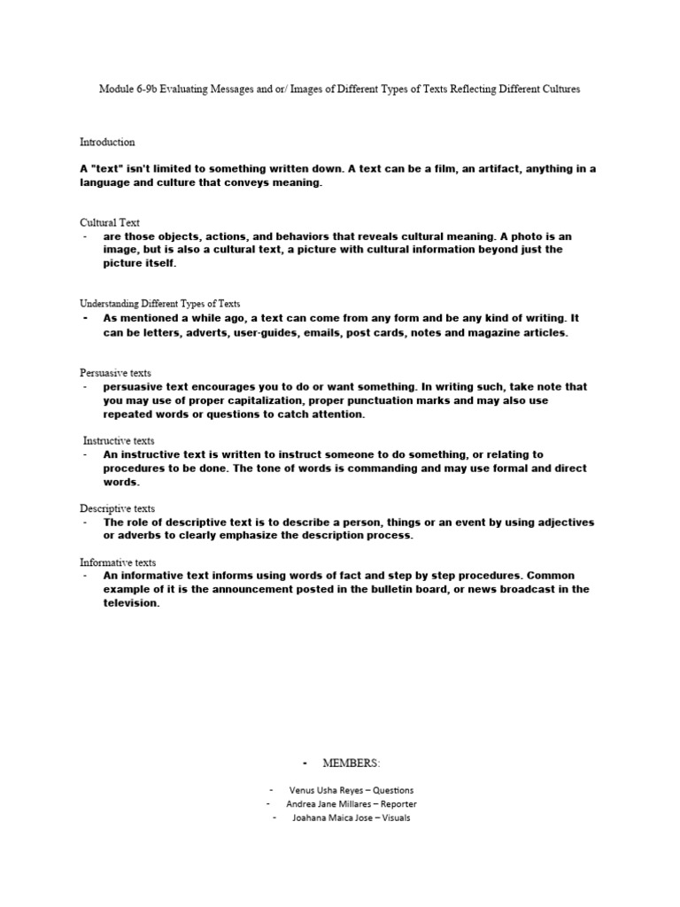 Module 6-9b Evaluating Messages and Or/ Images of Different Types of Texts Reflecting Different ...