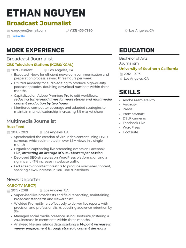 Broadcast Journalist Resume Example | PDF | Broadcast Journalism ...