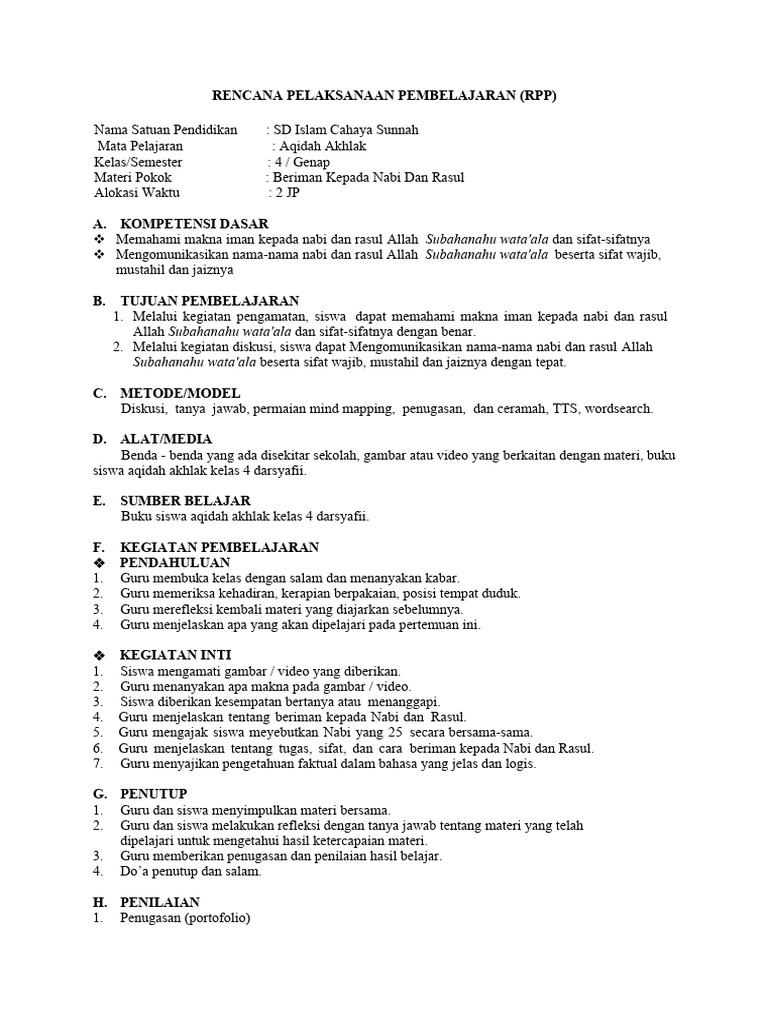 RPP AQIDAH KELAS 4 Pel 3 | PDF | Sains & Matematika