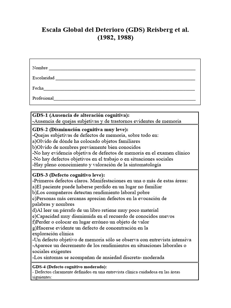 Escala Global del Deterioro Cognitivo GDS | PDF | Memoria | Ansiedad