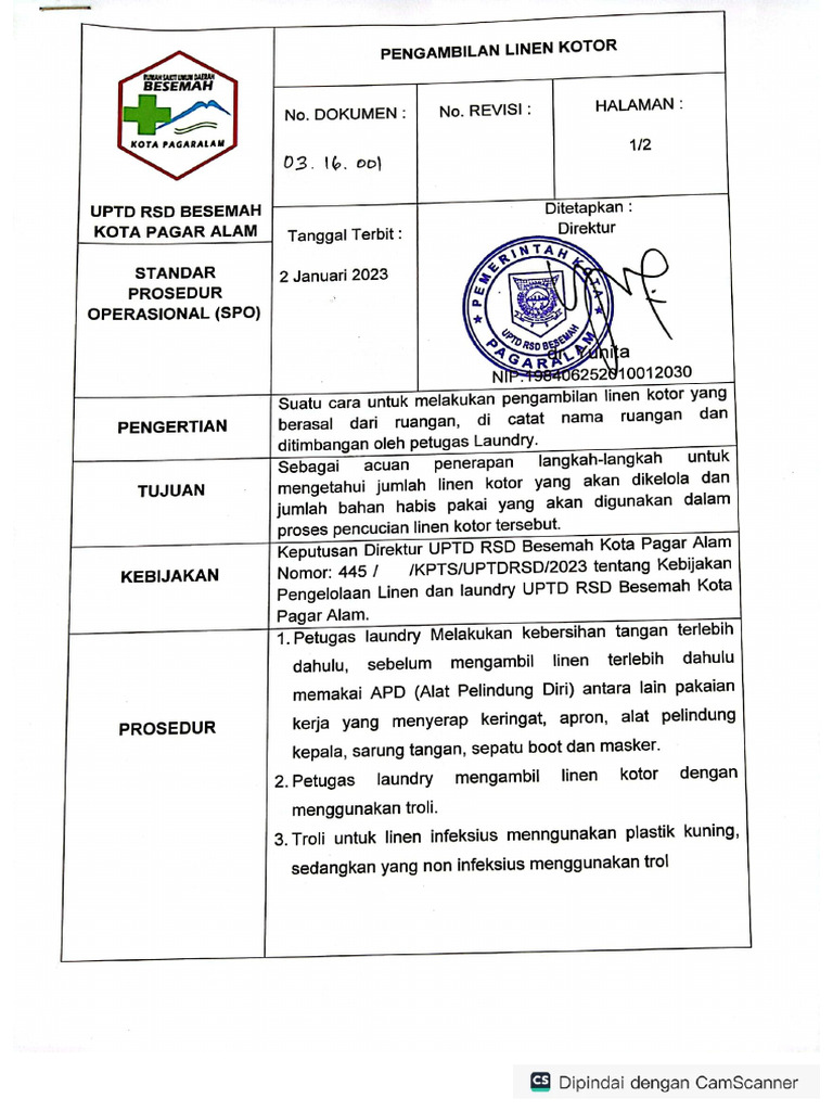 SPO Pelayanan Linen Dan Laundry | PDF