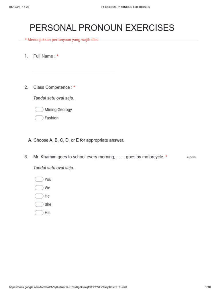 PERSONAL PRONOUN EXERCISES - Google Formulir | PDF