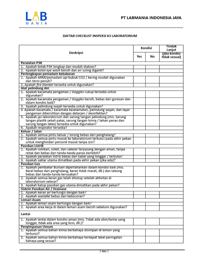 Form Ceklist Inspeksi Lab rISET (1) - Edit | PDF