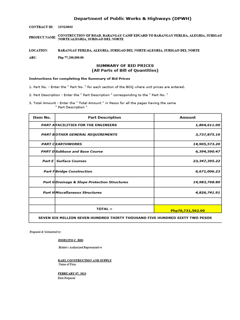Summary of Bid Prices 23ng0035 | PDF