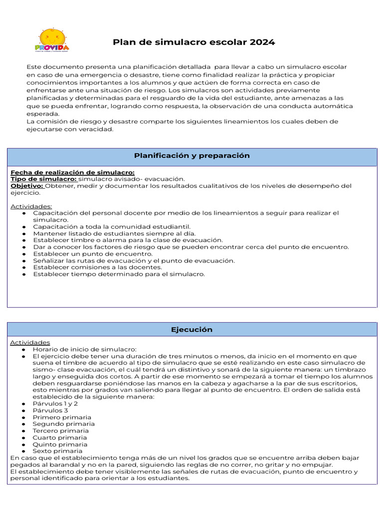Plan de Simulacro Escolar 2024 | PDF | Planificación