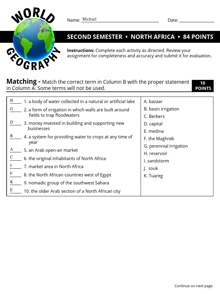 World Geography North Africa Worksheet | PDF | North Africa | Egypt