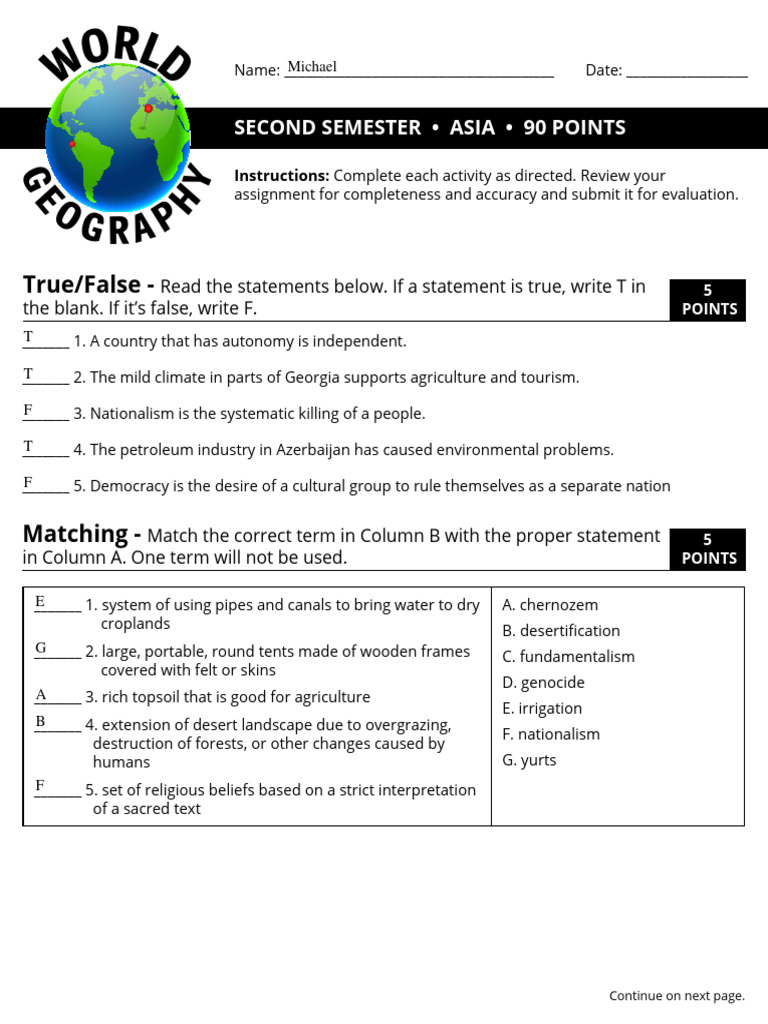 World Geography Asia Worksheet | PDF | Central Asia | Kazakhstan