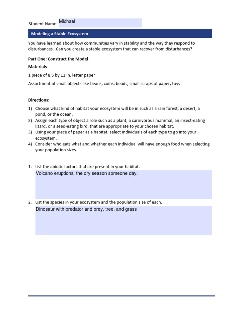 10+8 ModelingAStableEcosystem Worksheet | PDF | Ecosystem | Predation