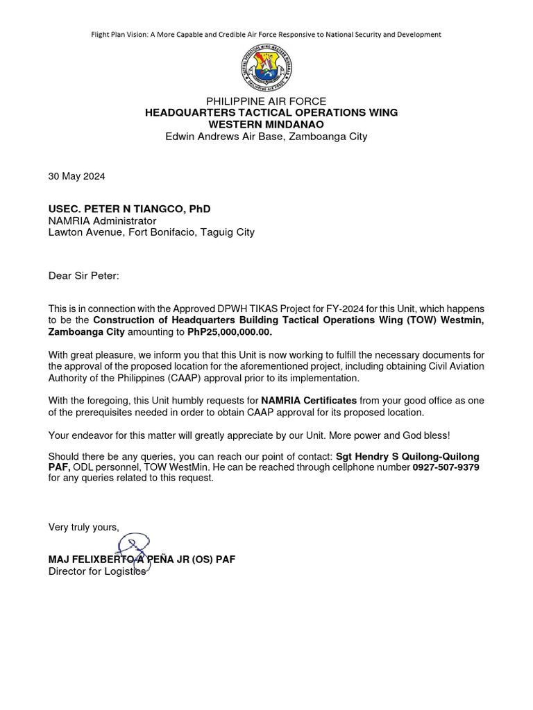 Letter For NAMRIA Certificates | PDF | Business