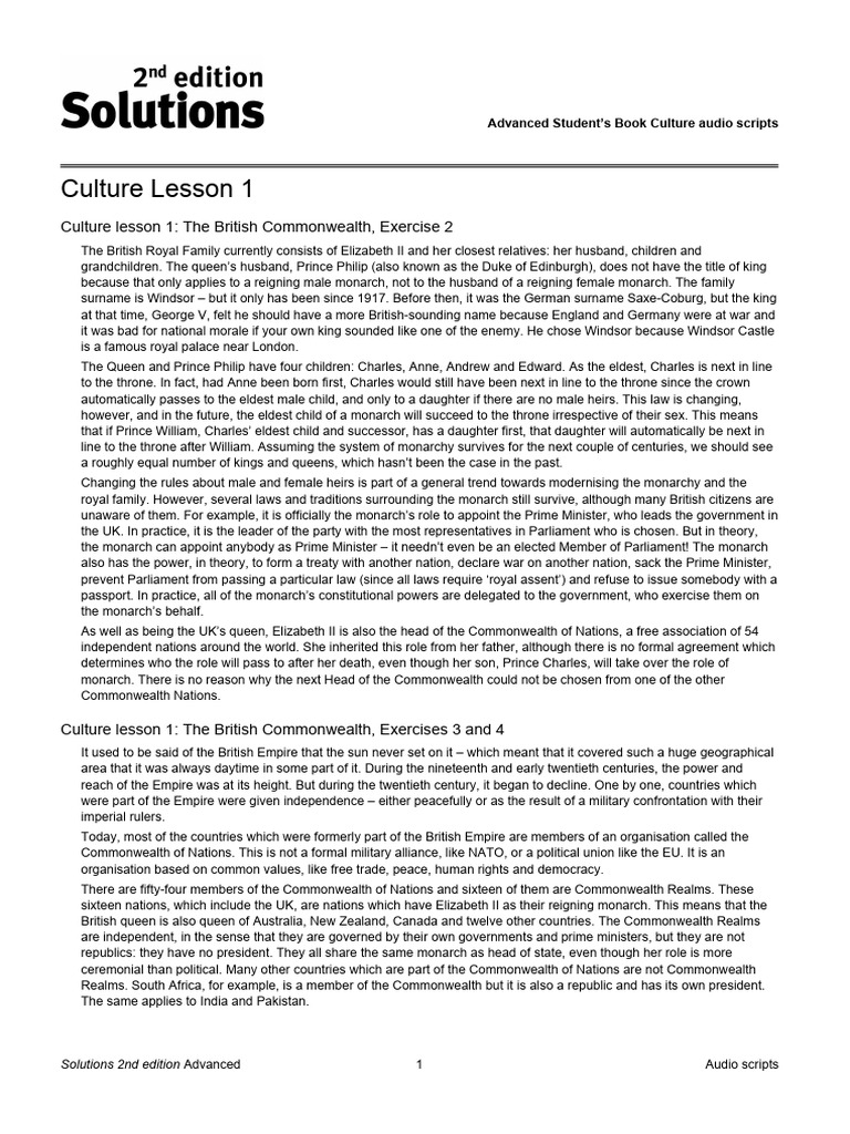 Sol 2ed Advanced Audio Scripts SB Culture Lesson 1 | PDF | Commonwealth Of Nations | House Of ...