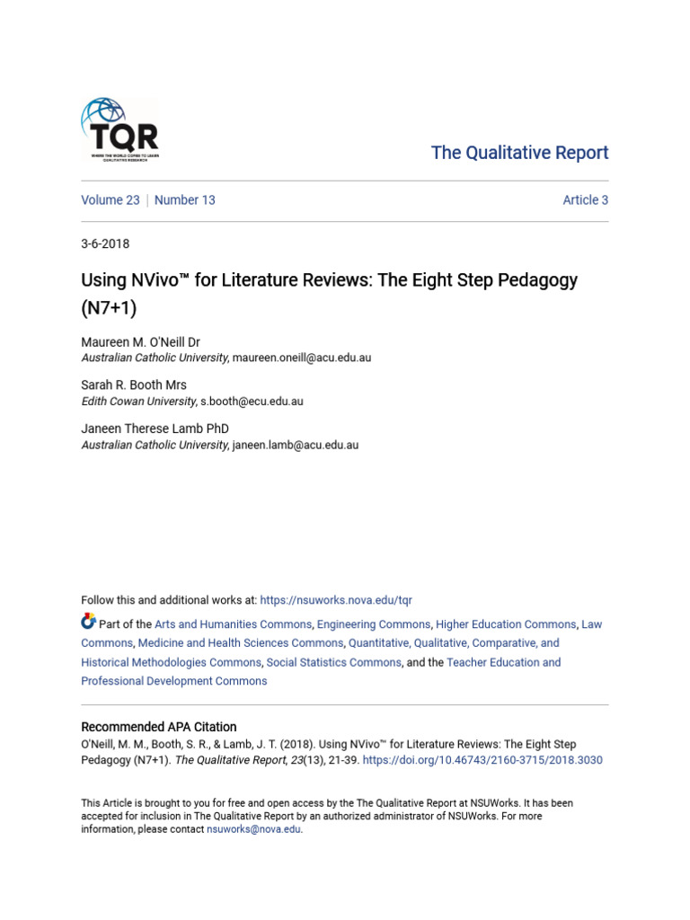 Using NVivo - For Literature Reviews - The Eight Step Pedagogy (N7+ | PDF | Qualitative Research ...