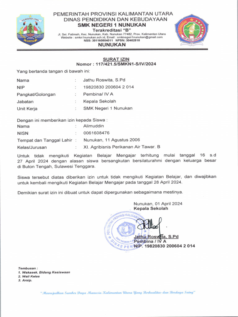 Izin Siswa - Alimuddin Xi Apat B | PDF