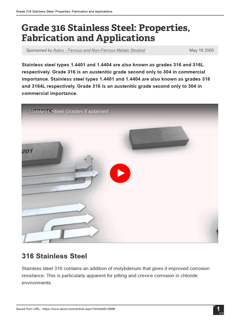 Grade 316 Stainless Steel Properties Fabrication and Applications | PDF ...
