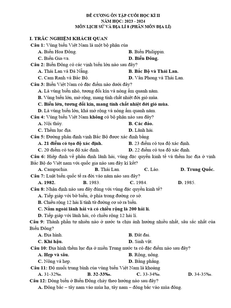 Đề Cương Ôn Tập Cuối Hkii - Địa 8 (23-24) | PDF