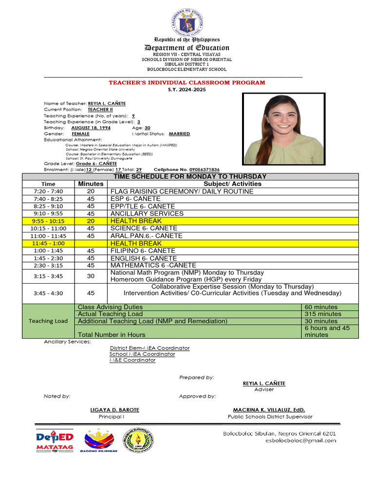 Classroom Program Reyia Lumontad 2024 2025 | PDF