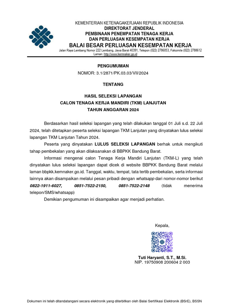 Pengumuman Hasil Seleksi Lapangan TKML 2024 | PDF