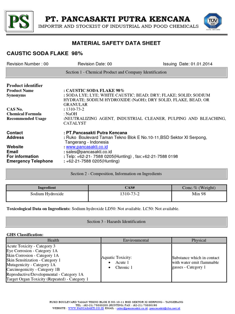 Caustic Soda Flake Safety Data Sheet | PDF | Sodium Hydroxide | Cornea