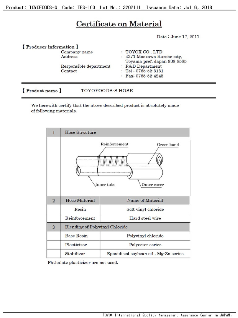 Toyox Hose - Certificate On Material | PDF