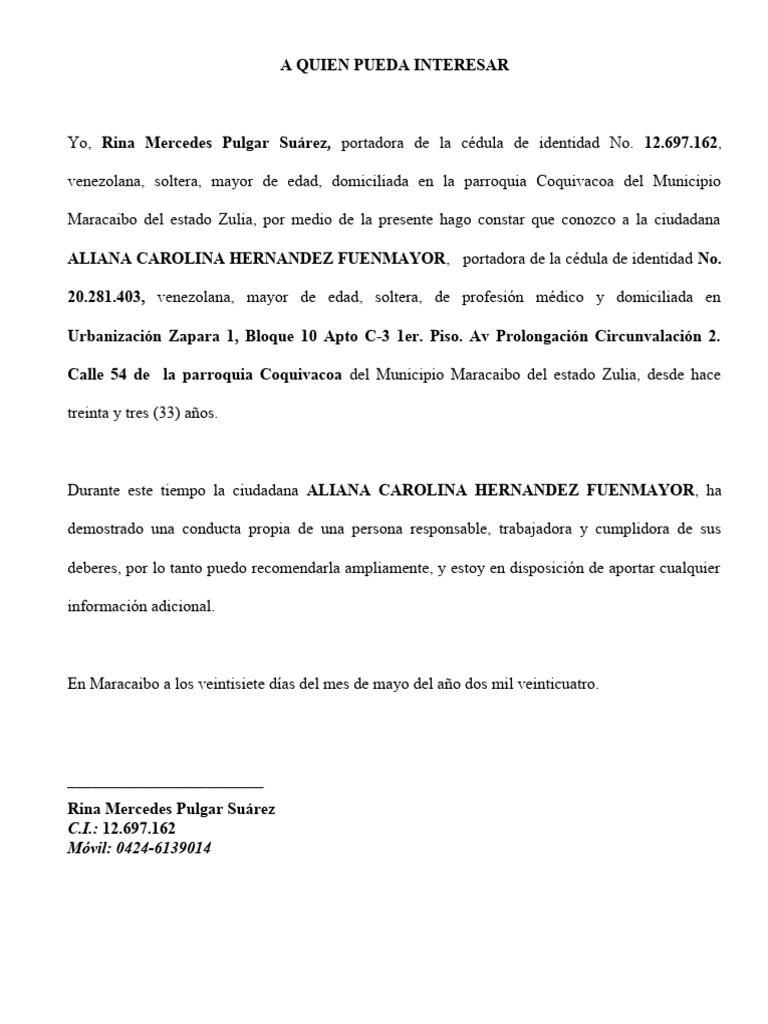 Carta Recomendación Aliana | PDF