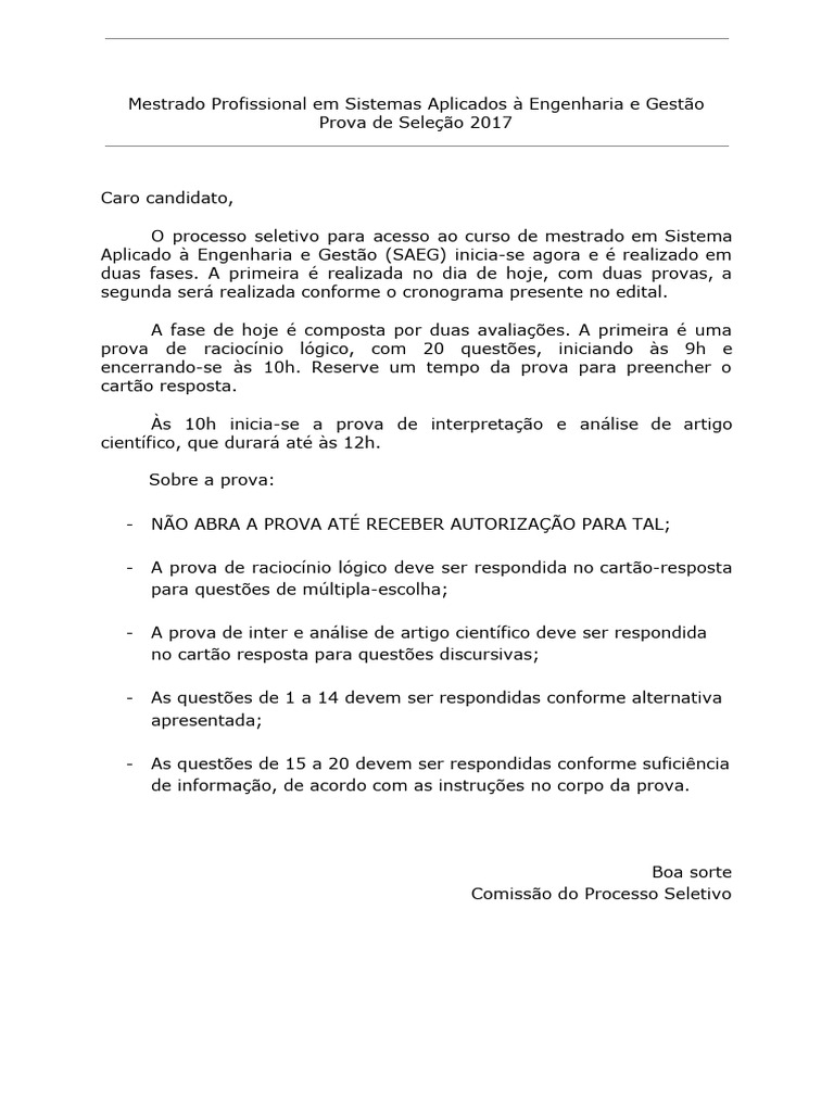 Prova de Seleção Mestrado SAEG 2017 | PDF | Engenharia