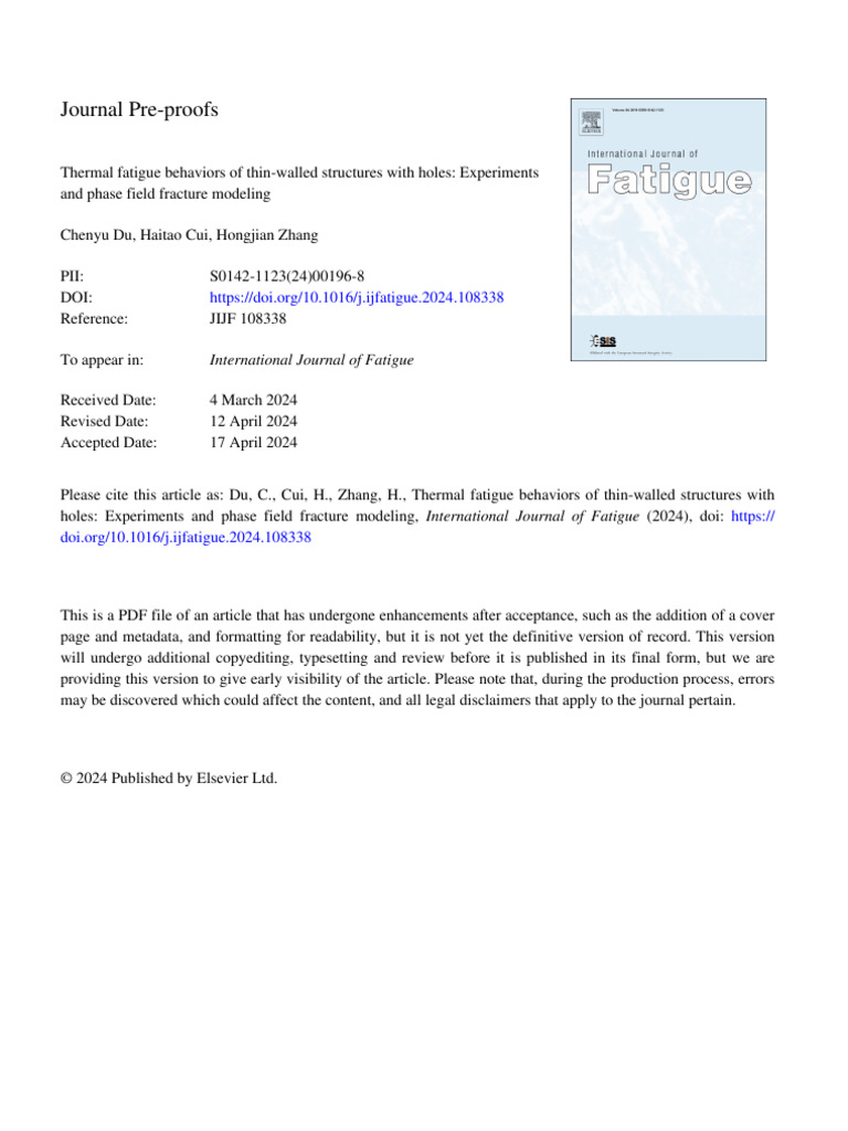 Thermal Fatigue Behaviors Of Thin Walled Structures With Holes Experiments And Phase Field