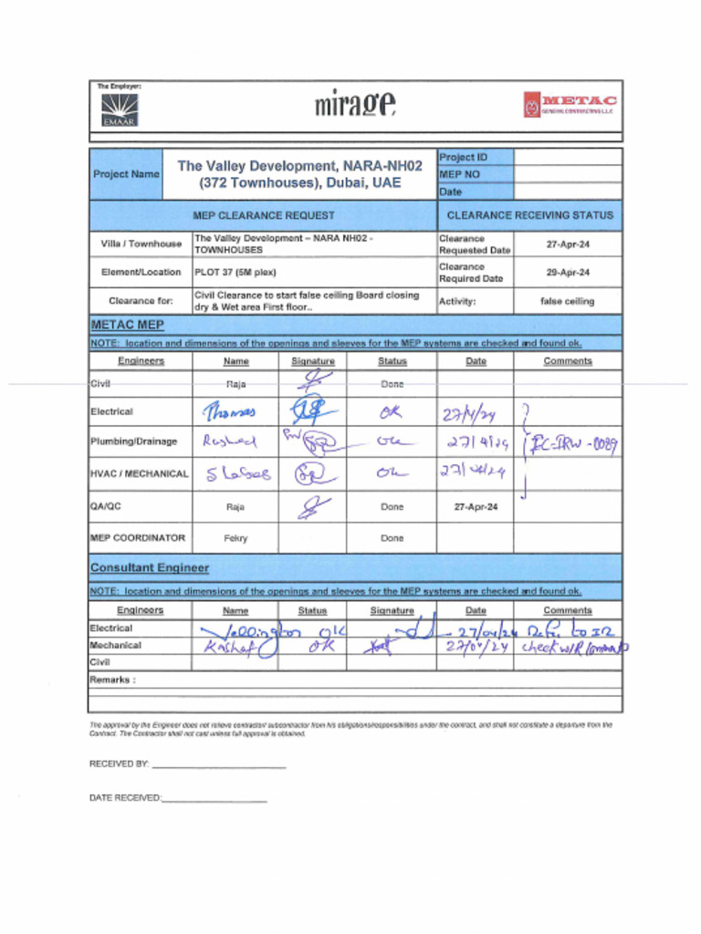 Plot 37 (5M Plex) Civil Clearance To Start False Ceiling Board Closing ...