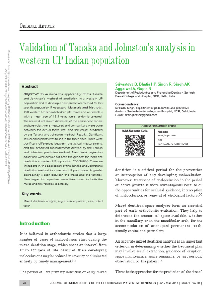 Validation of Tanaka and Johnston S Analysis In.8 | PDF | Orthodontics ...