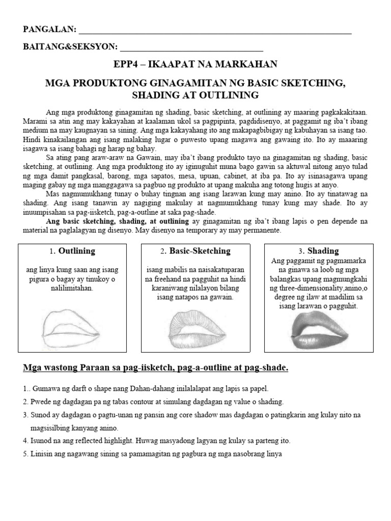 EPP4-Q4-IA-M4activity-Mga Produktong Ginagamitan NG Basic Sketching, Shading at Outlining | PDF