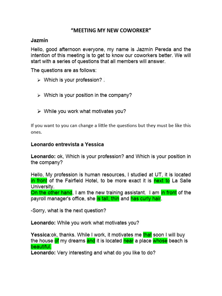 Meeting My New Coworker | PDF