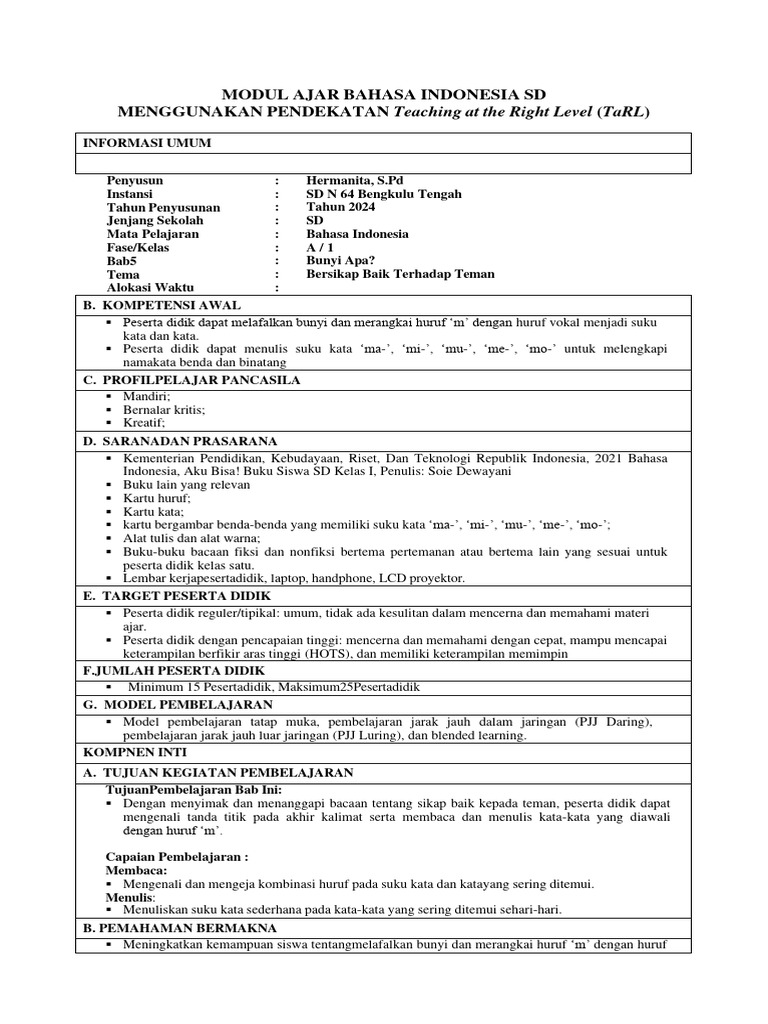 MODUL AJAR BERBASIS TaRL | PDF | Karier & Perkembangan | Seni & Disiplin Bahasa