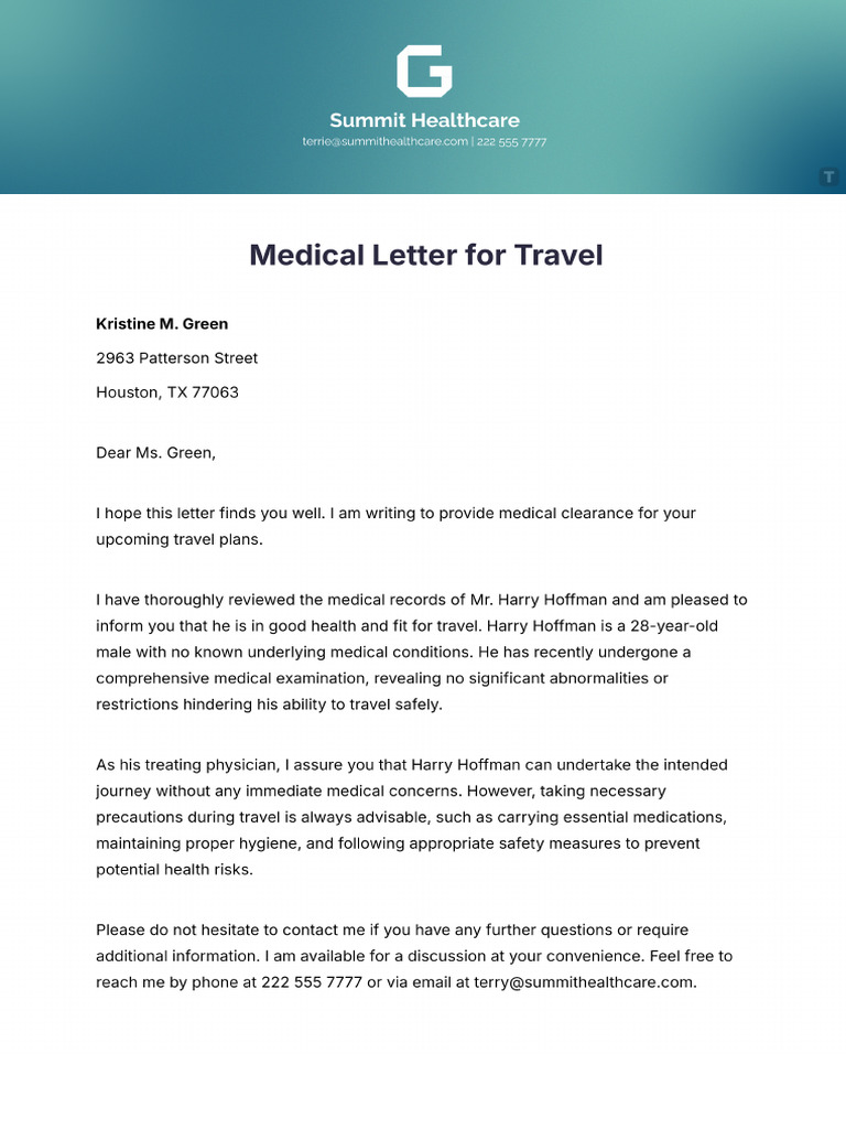 Medical Letter For Travel Template - Edit Online & Download Example | PDF