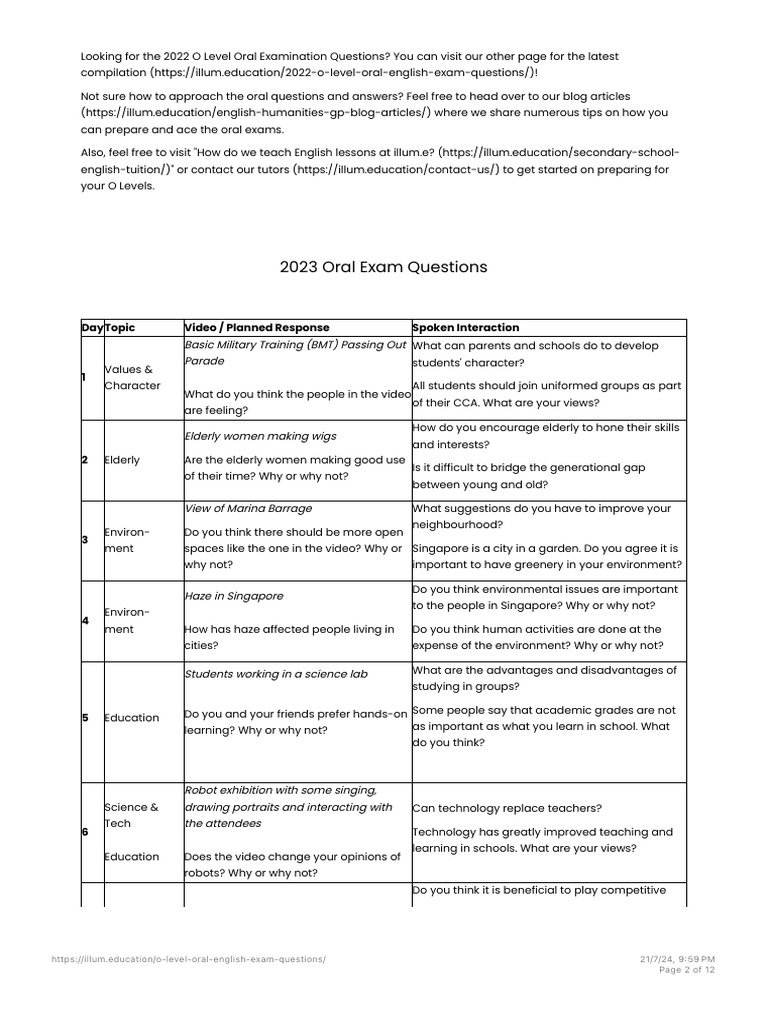 O Level Oral English Exam Questions - Illum.e | PDF | Tourism | Sports