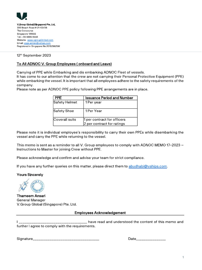 Memo - ADNOC - CARRYING PPE - Sept 2023 | PDF