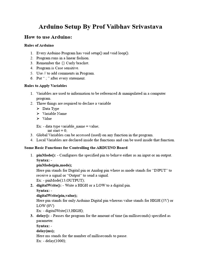 Arduino Setup by Prof Vaibhav Srivastava | PDF | Integer (Computer Science) | Computer Program