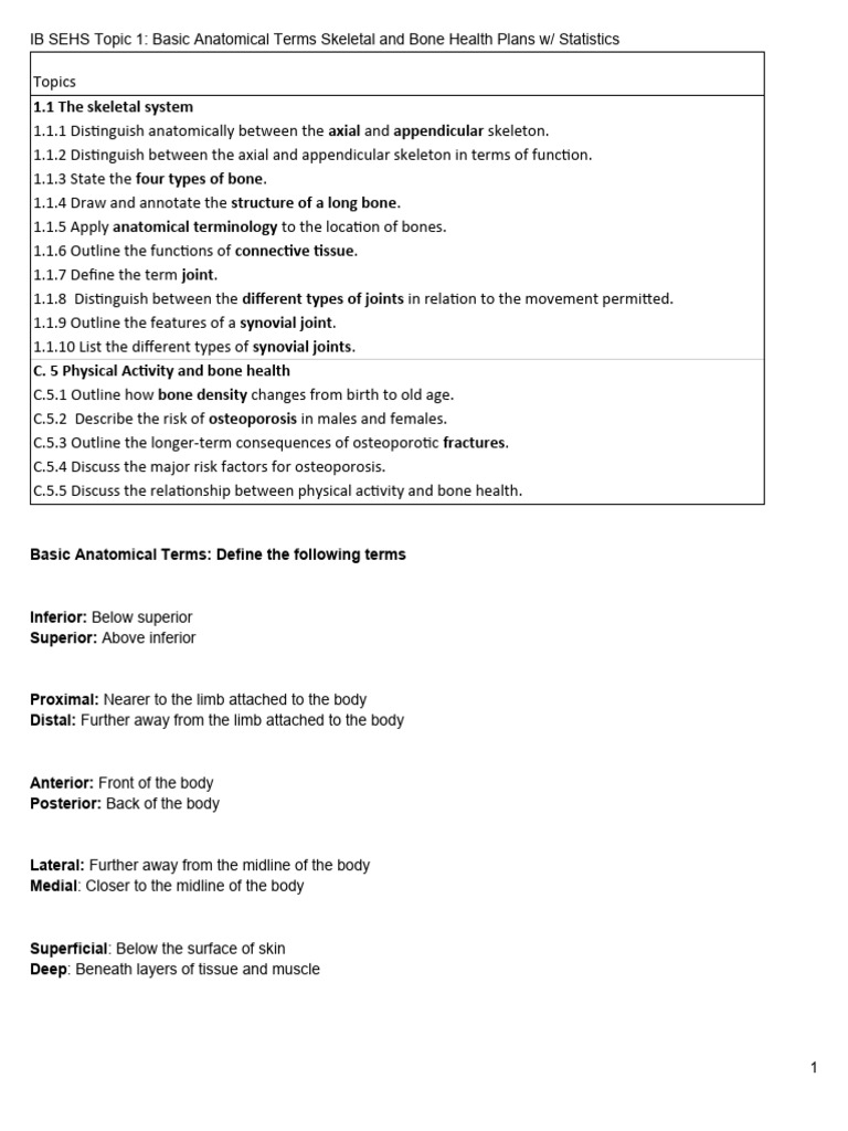 IB SEHS UNIT 1 - Skeletal System | PDF | Anatomical Terms Of Location ...
